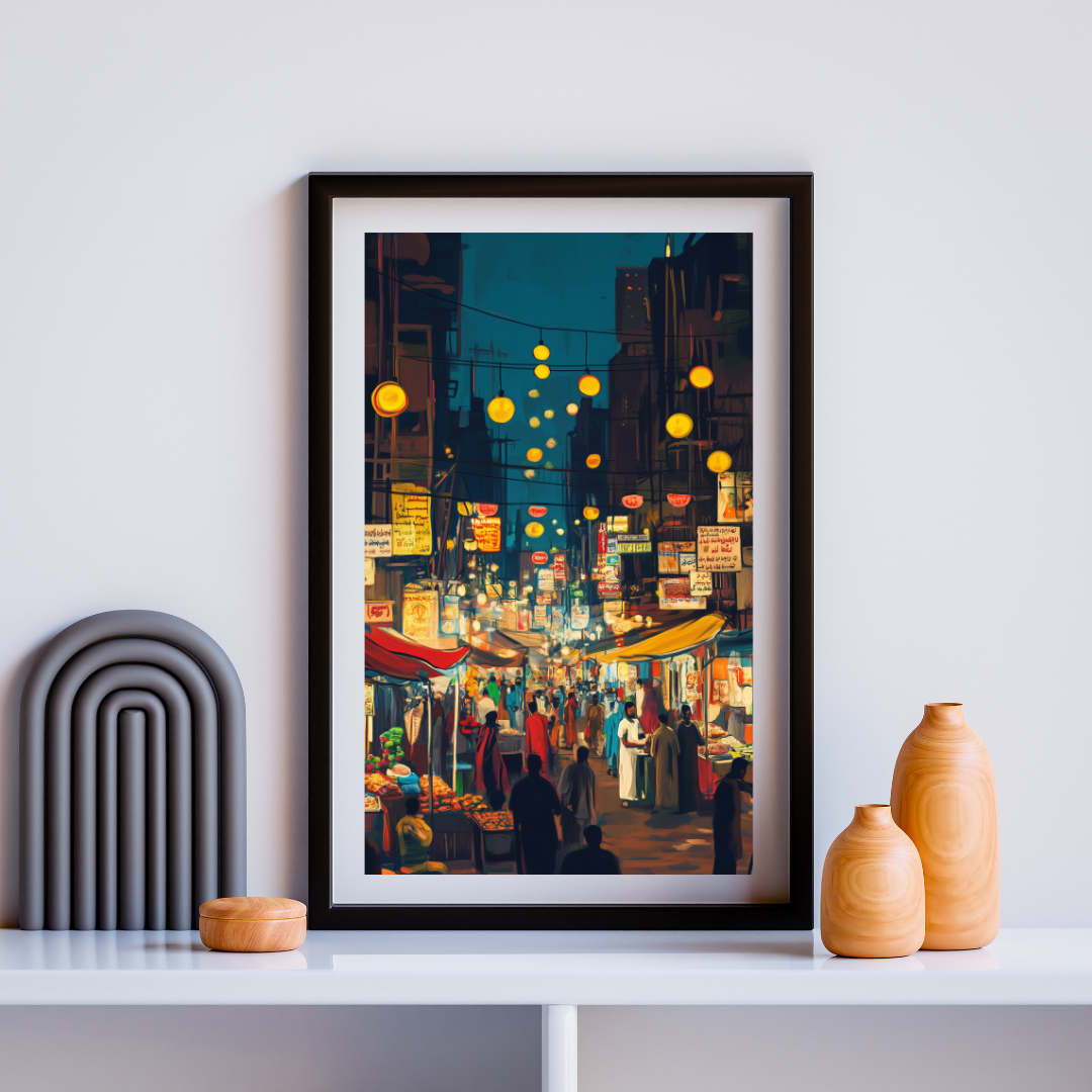 Karachi ki Ronaq - Bustling Night Market Scene Print – Aik Studio